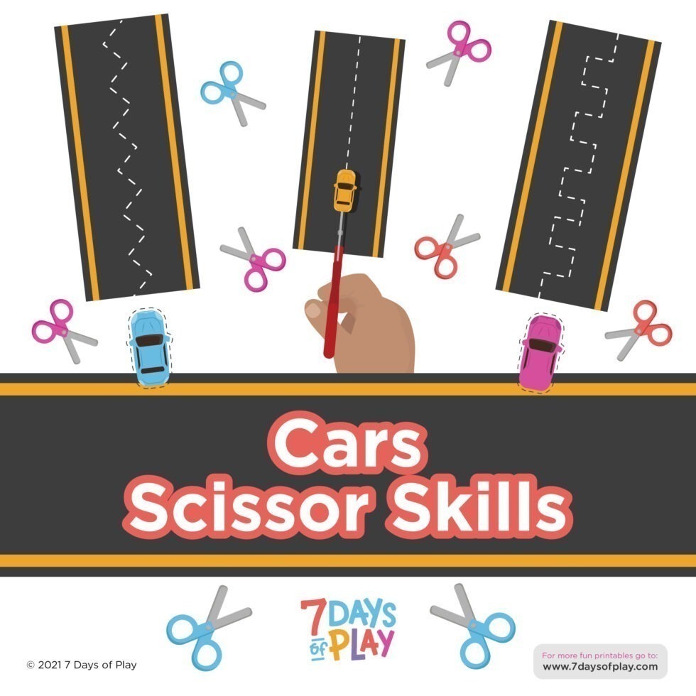 Scissor Cutting Practice - Free the Cars Activity - 7 Days of Play